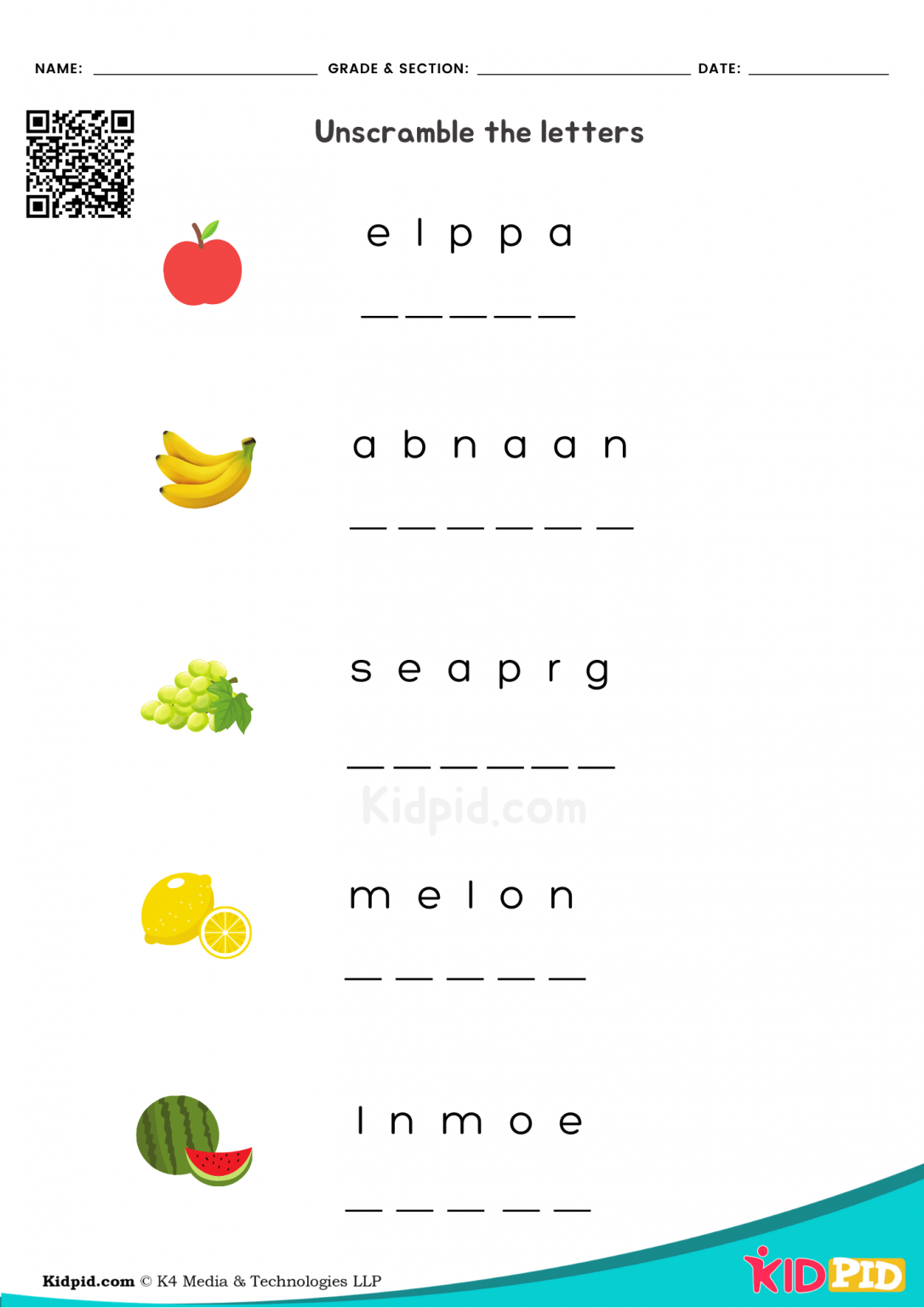 Fruit Name Printable Worksheet for Kindergarten - Kidpid