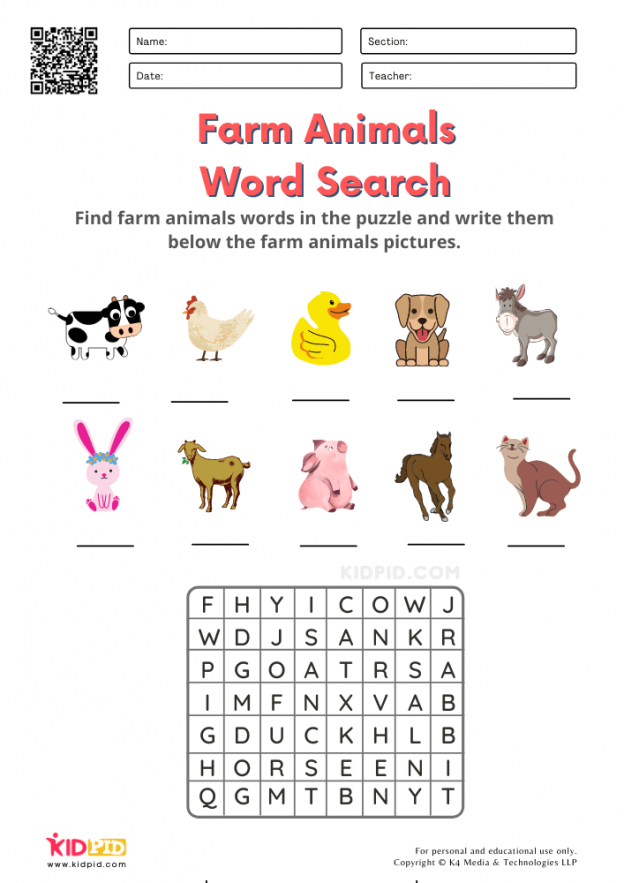 Farm Animals Worksheets for Kindergarten - Kidpid