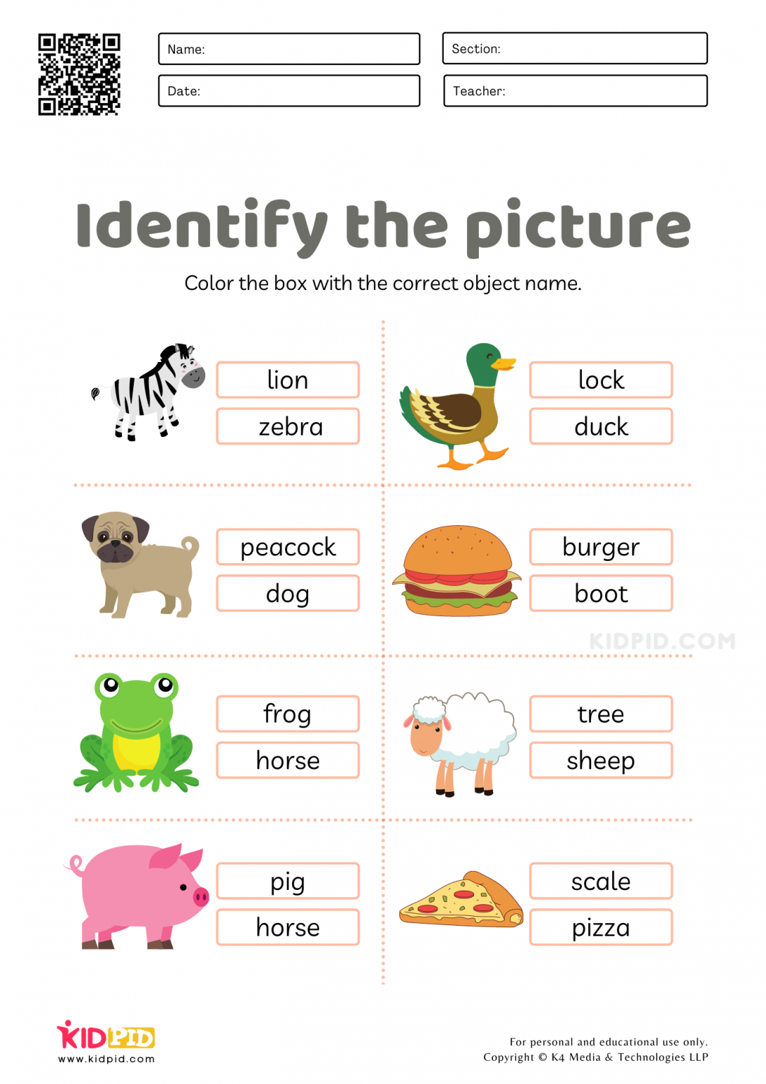 Identifying Objects Words Worksheets for Kids - Kidpid