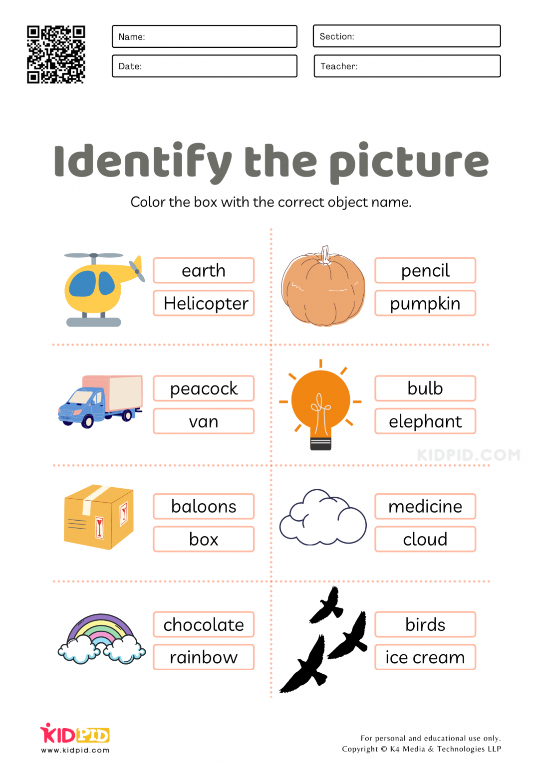 Identifying Objects Words Worksheets for Kids - Kidpid