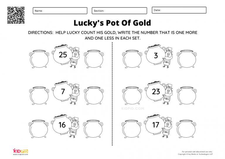 One More One Less Gold Counting Worksheets - Kidpid