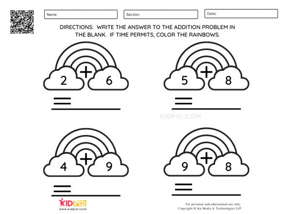 Rainbow Single Digit Addition Worksheets - Free Printables - Kidpid