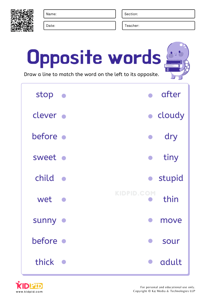Opposite Word Matching Worksheets For Grade 1 Kidpid