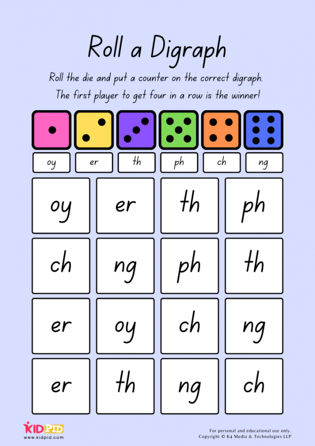 Roll a Digraph Spelling Game for Kids - Kidpid