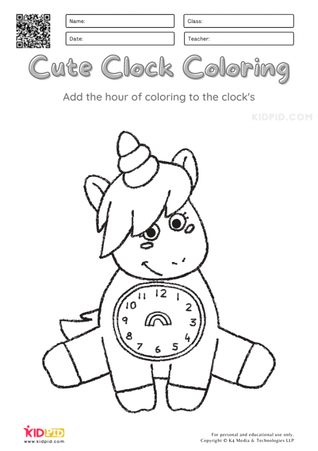 Cute Clock Coloring Activity Worksheets for Kids - Kidpid