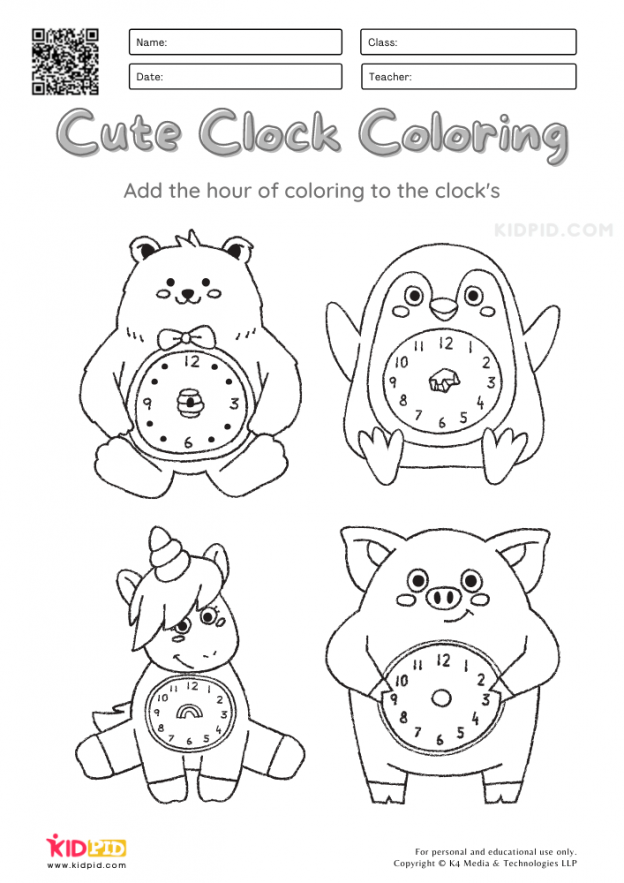 Cute Clock Coloring Activity Worksheets for Kids - Kidpid