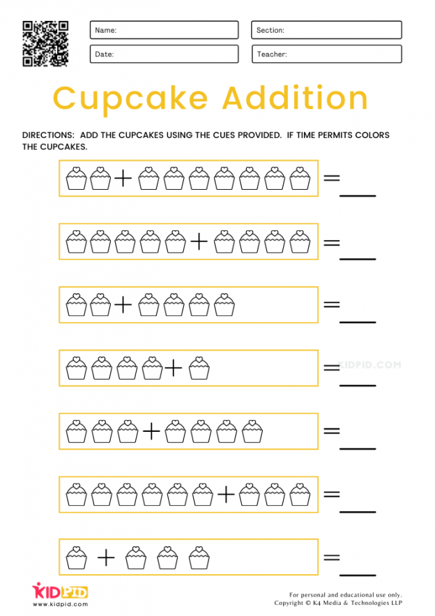 Cupcake Addition Worksheets for Grade 1 - Kidpid