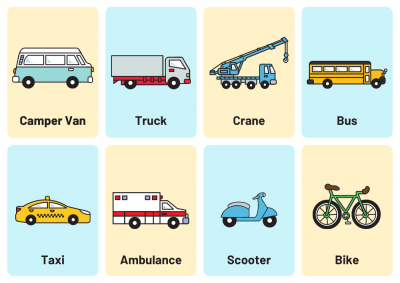 Modes of Transportation Lined Illustration Flashcard Sheets - Kidpid