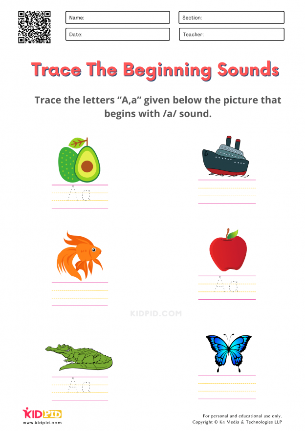 Trace The Beginning Sound Worksheets for Kindergarten - Kidpid