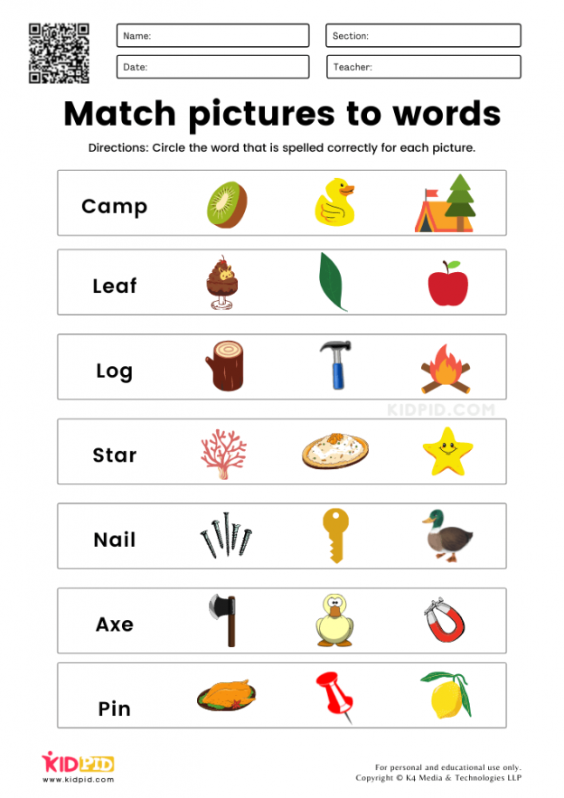 Match Picture to Word Worksheets for Grade 1 - Kidpid