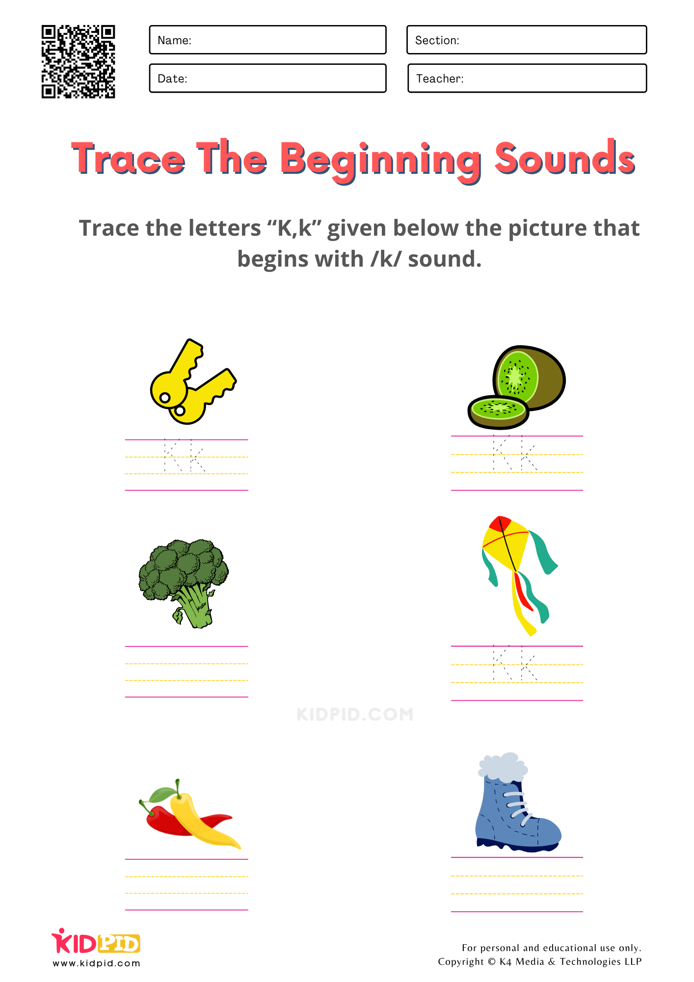 Trace The Beginning Sound Worksheets for Kindergarten - Kidpid