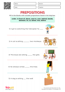Identify Correct Prepositions Worksheets for Grade 1 - Kidpid