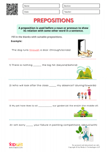 Identify Correct Prepositions Worksheets for Grade 1 - Kidpid
