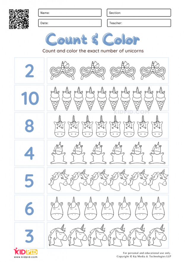 Count & Color Unicorn Worksheets for Kids - Kidpid