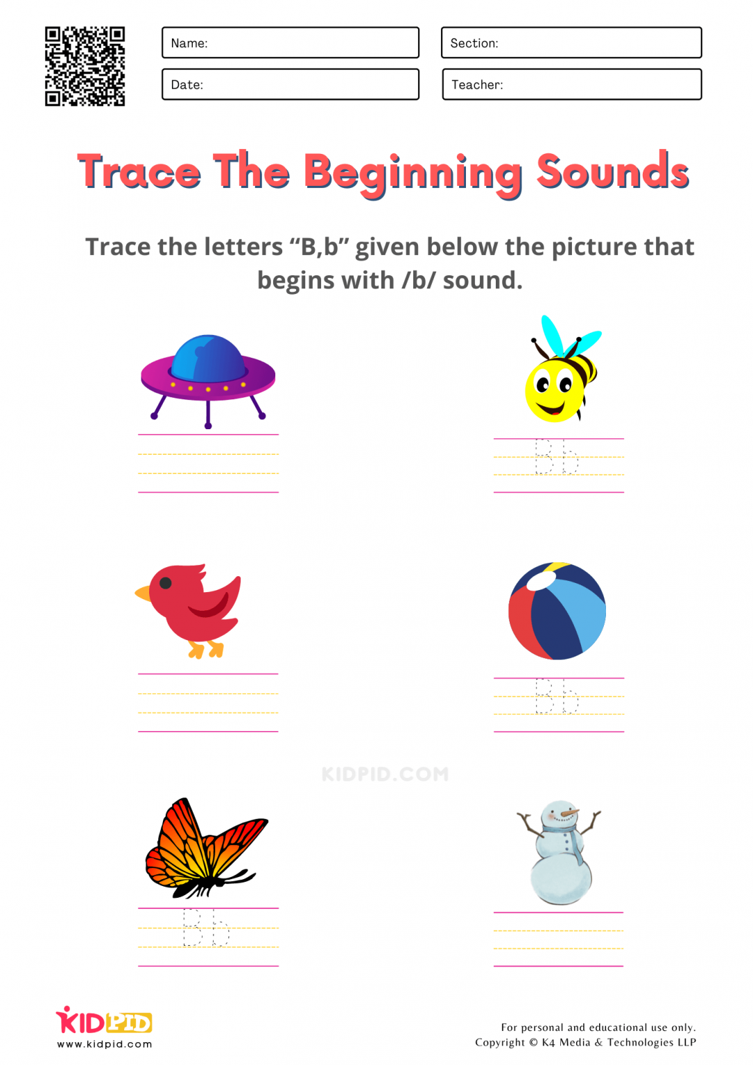 Trace The Beginning Sound Worksheets for Kindergarten - Kidpid
