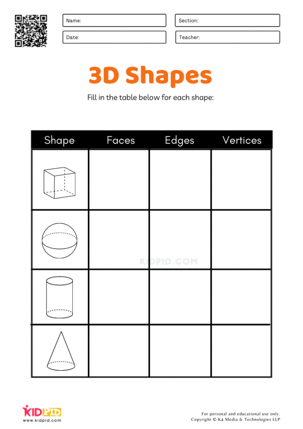 3D Shapes Worksheets for Grade 1 - Kidpid