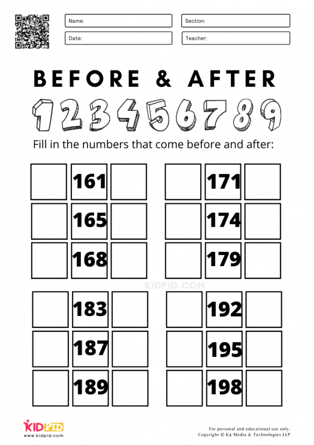 Before and After Numbers Worksheets for Kids - Kidpid