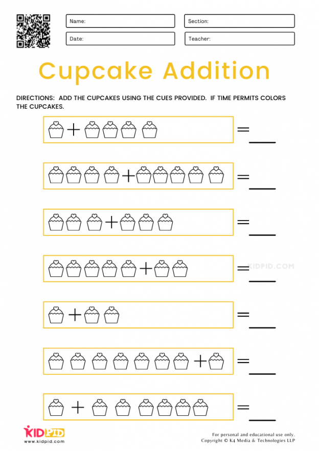 Cupcake Addition Worksheets for Grade 1 - Kidpid
