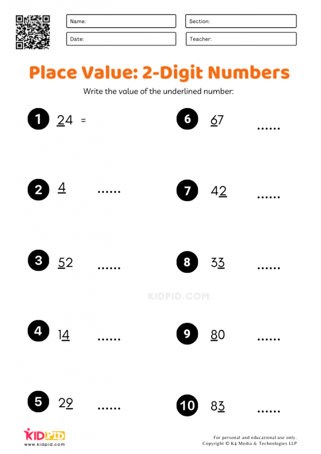 Find Value of Underlined Number (2-Digit)- Worksheets for Grade 1 - Kidpid