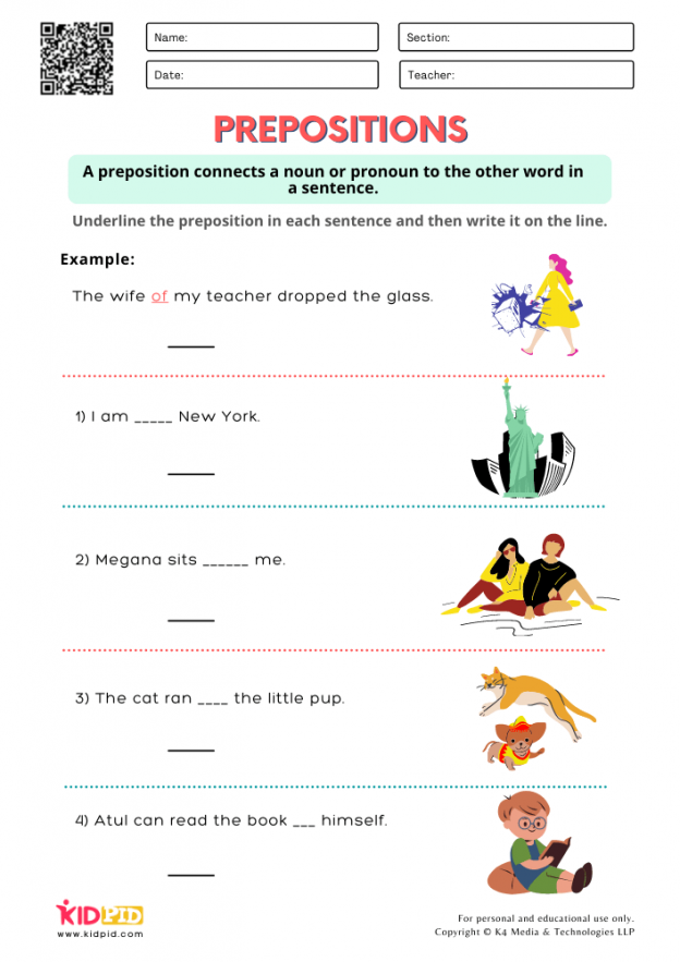 Identify Correct Prepositions Worksheets for Grade 1 - Kidpid