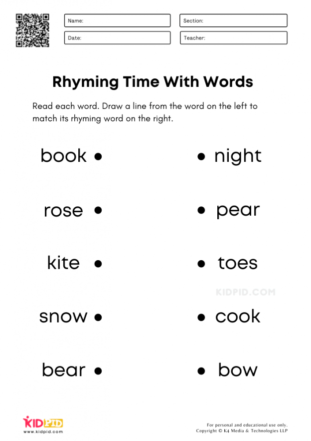 Matching Rhyming Words Worksheets for Kindergarten - Kidpid
