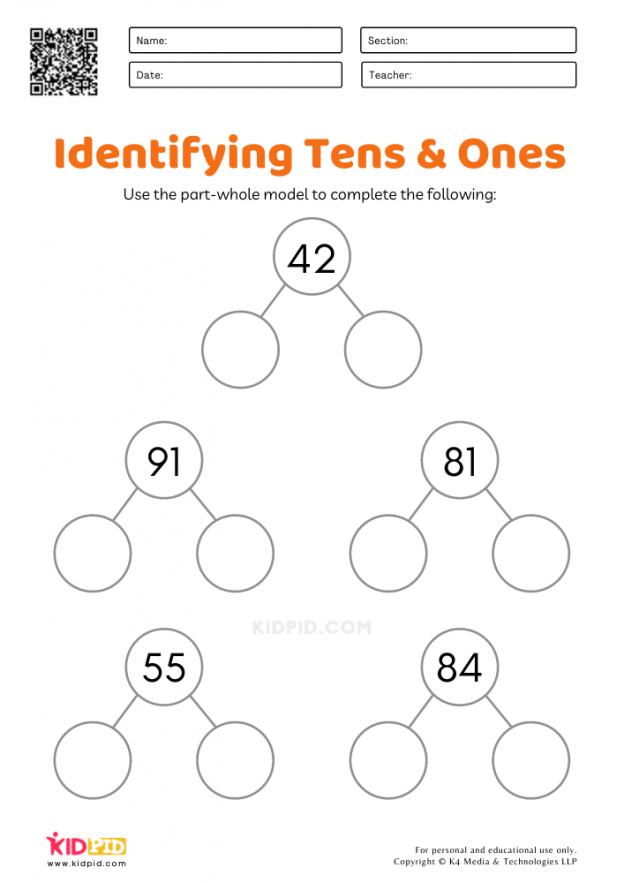 Tens & Ones Part-Whole Model Worksheets for Grade 1 - Kidpid