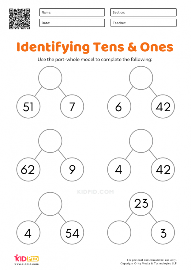 Tens & Ones Part-Whole Model Worksheets for Grade 1 - Kidpid