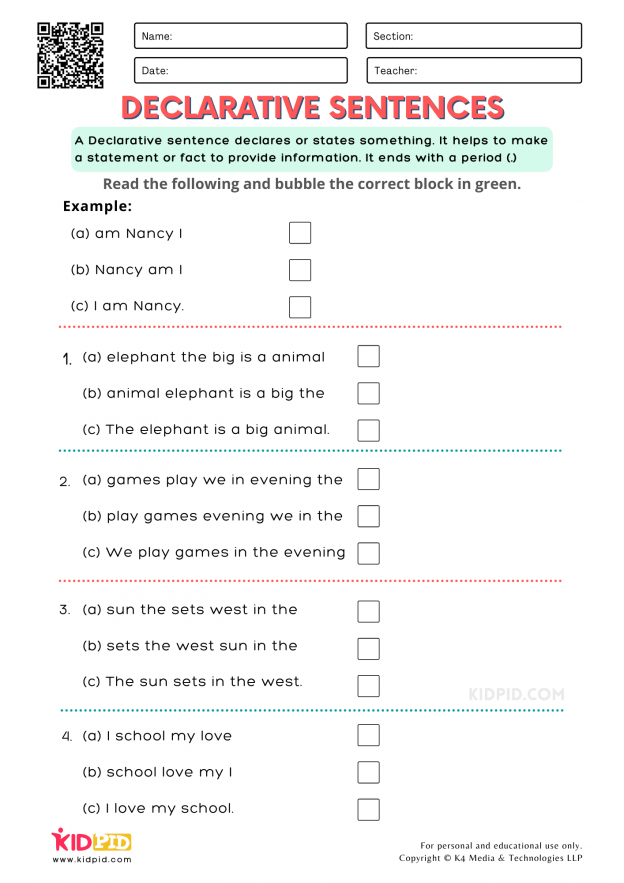 Declarative Sentence Free Printable Worksheets for Grade 1 - Kidpid