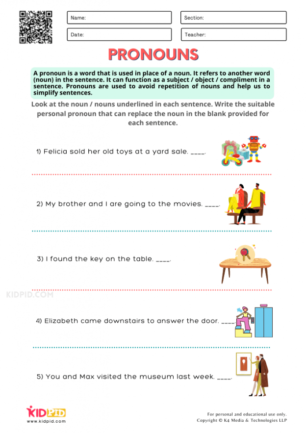 Identification of Pronouns Worksheets for Grade 2 - Kidpid