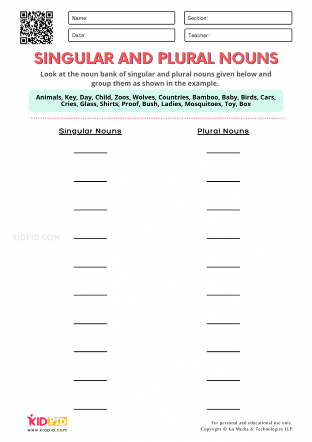 Singular and Plural Nouns for Grade 2 - Kidpid