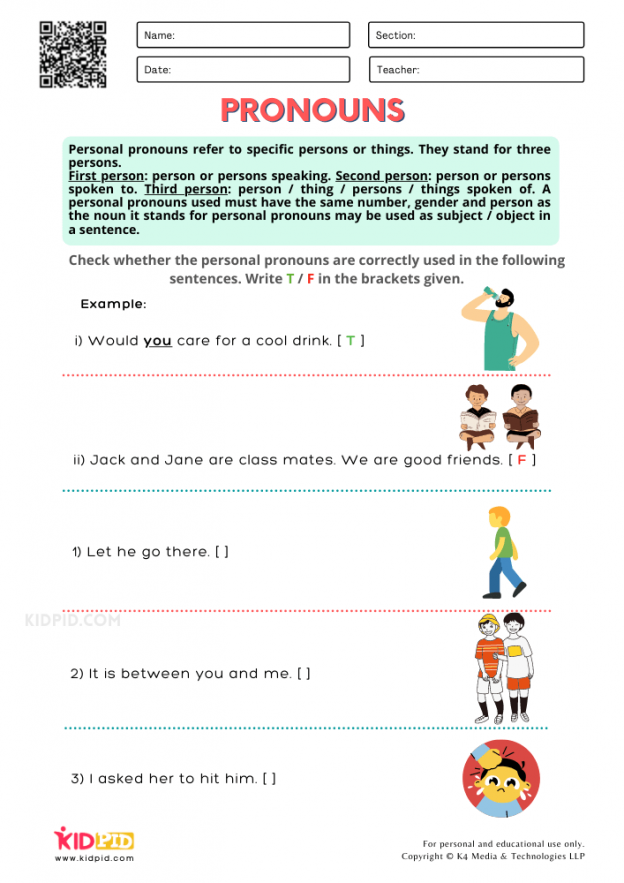 Identification of Pronouns Worksheets for Grade 2 - Kidpid