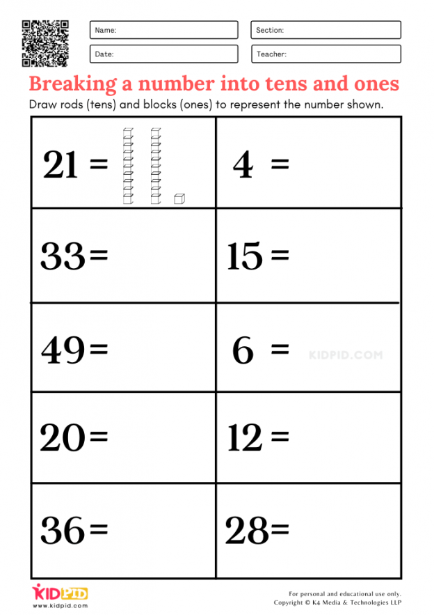 Breaking a number into tens and ones Printable Worksheets for Grade 1 ...