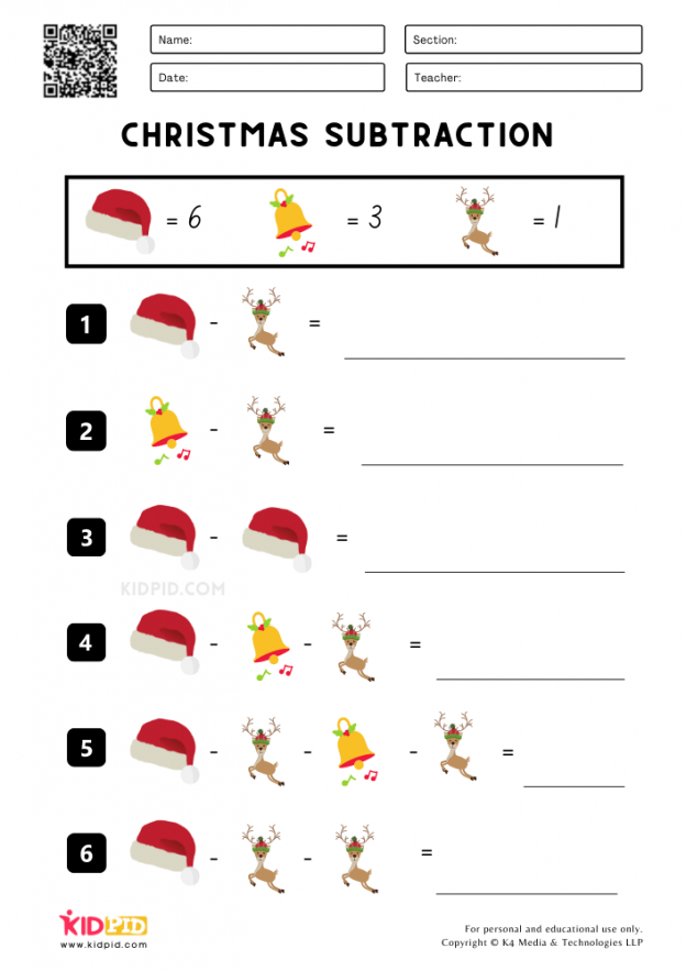 Christmas Subtraction Printable Worksheets for Grade 1 - Kidpid