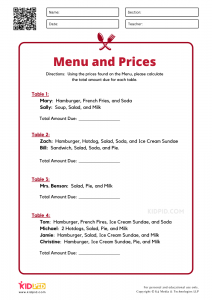 Colored Menu Math Printable Worksheets for Kids - Kidpid