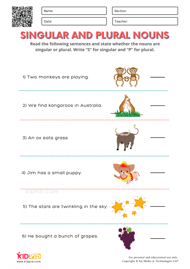Identify Singular and Plural Nouns Printable Worksheets for Grade 1 ...
