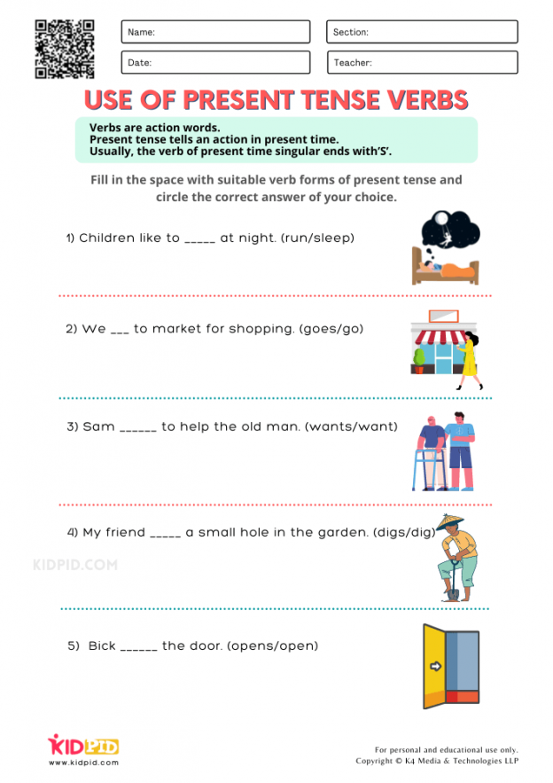 Use of Present Tense Verbs Printable Worksheets for Grade 1 - Kidpid
