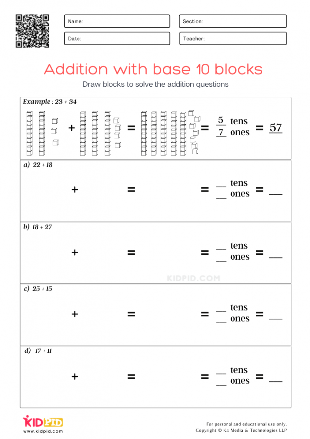 Addition with base 10 blocks Printable Worksheets for Grade 1 - Kidpid