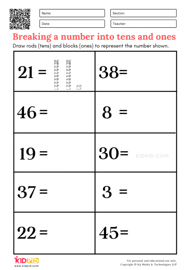 Breaking a number into tens and ones Printable Worksheets for Grade 1 ...