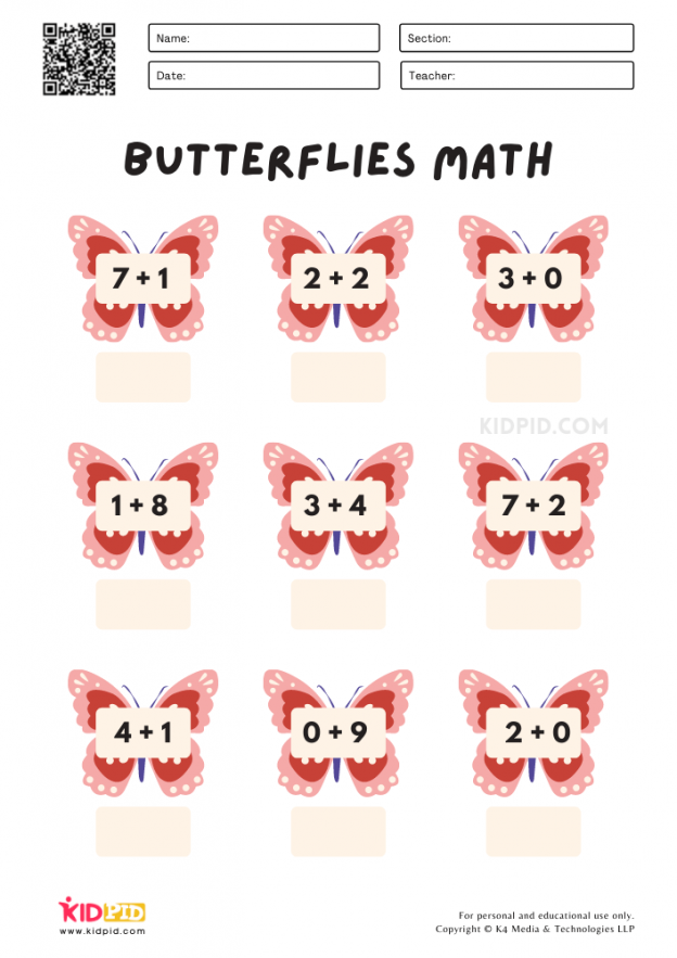 Butterfly Addition Activity Printable Worksheets - Kidpid