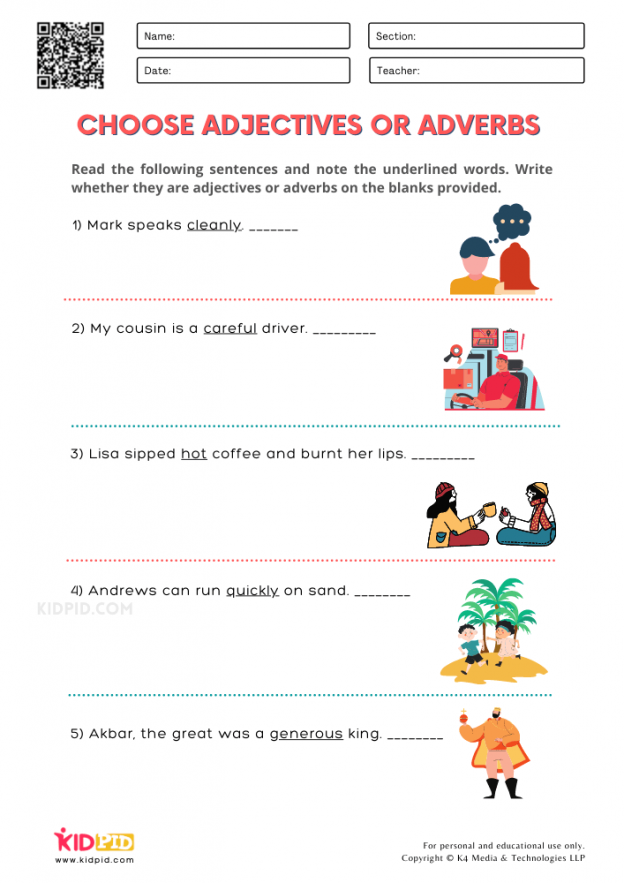 Choose Adjectives or Adverbs Printable Worksheets for Grade 1 - Kidpid