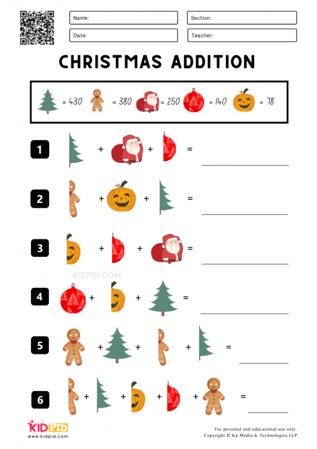 Christmas Addition Printable Worksheets for Grade 4 - Kidpid