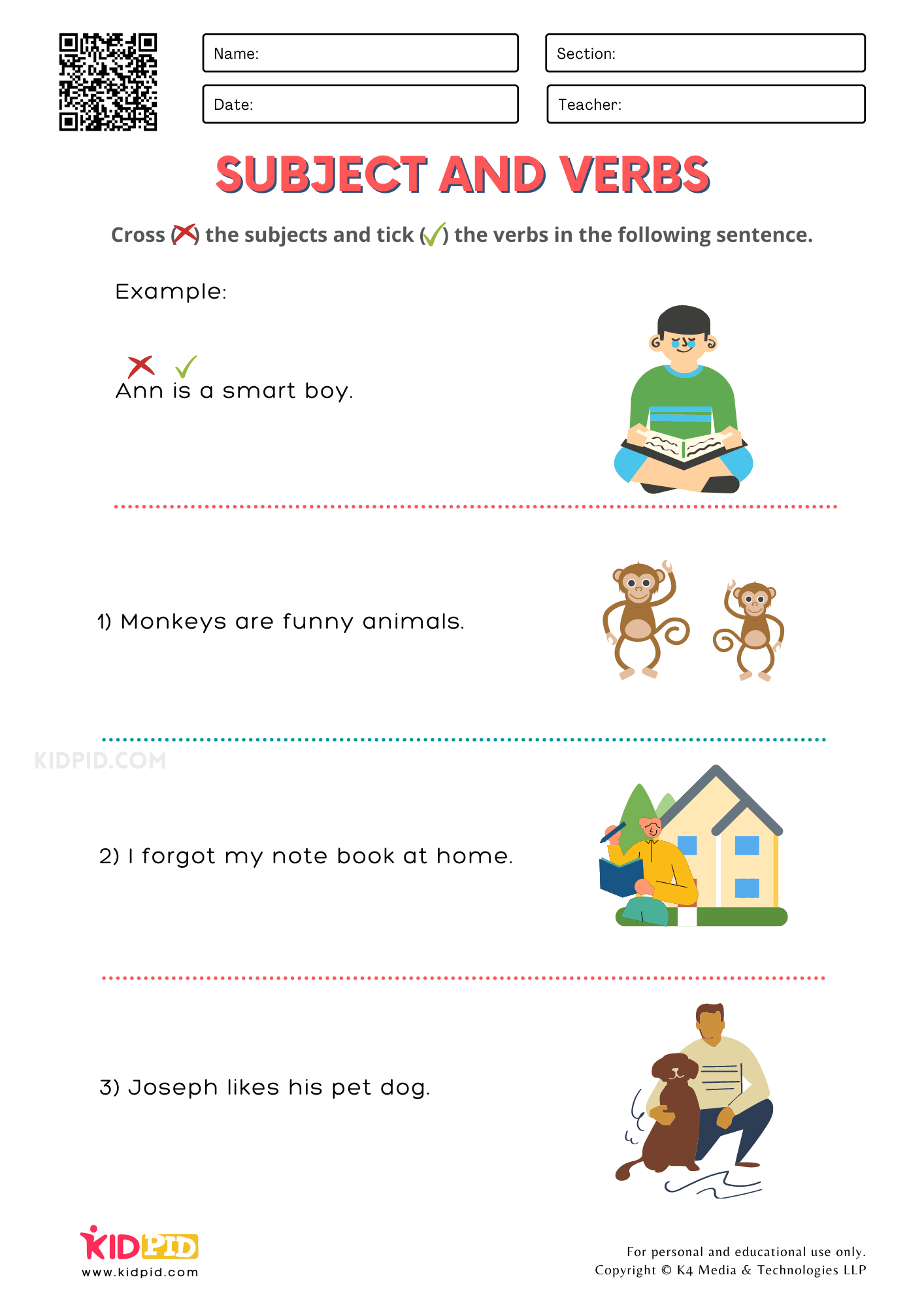 Subject and Verbs Printable Worksheets for Grade 1 - Kidpid