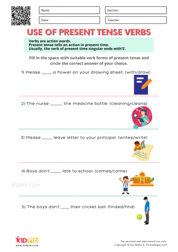 Use of Present Tense Verbs Printable Worksheets for Grade 1 - Kidpid