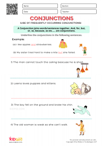 Conjunctions Printable Worksheets for Grade 1 - Kidpid