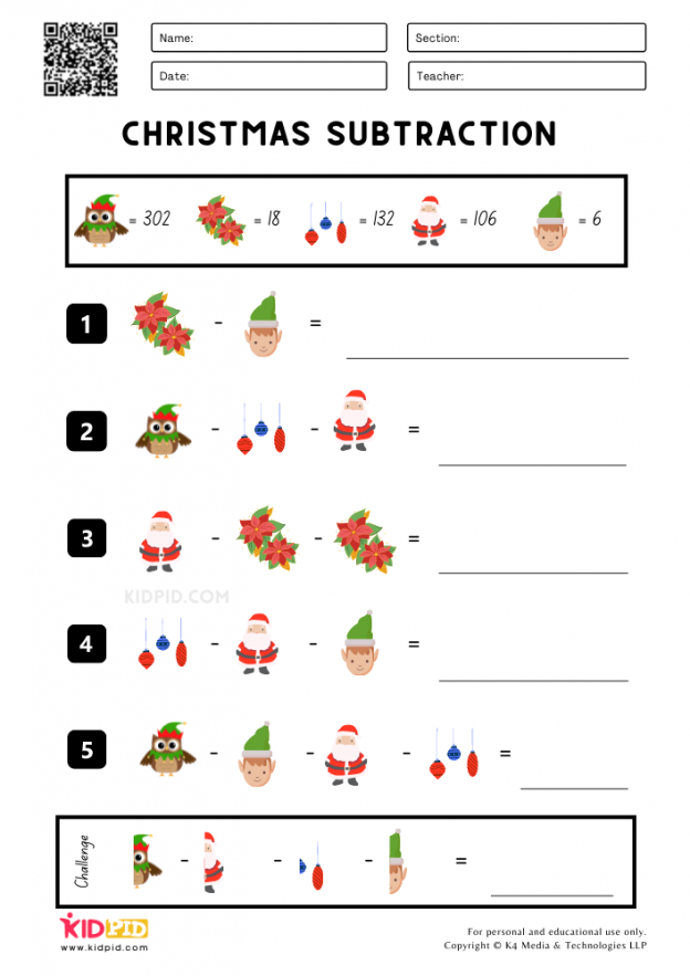 Christmas Subtraction Printable Worksheets for Grade 3 - Kidpid