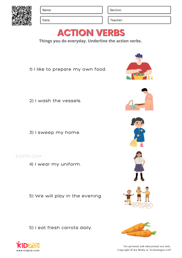 Daily Routine Verbs Printable Worksheets for Grade 1 - Kidpid