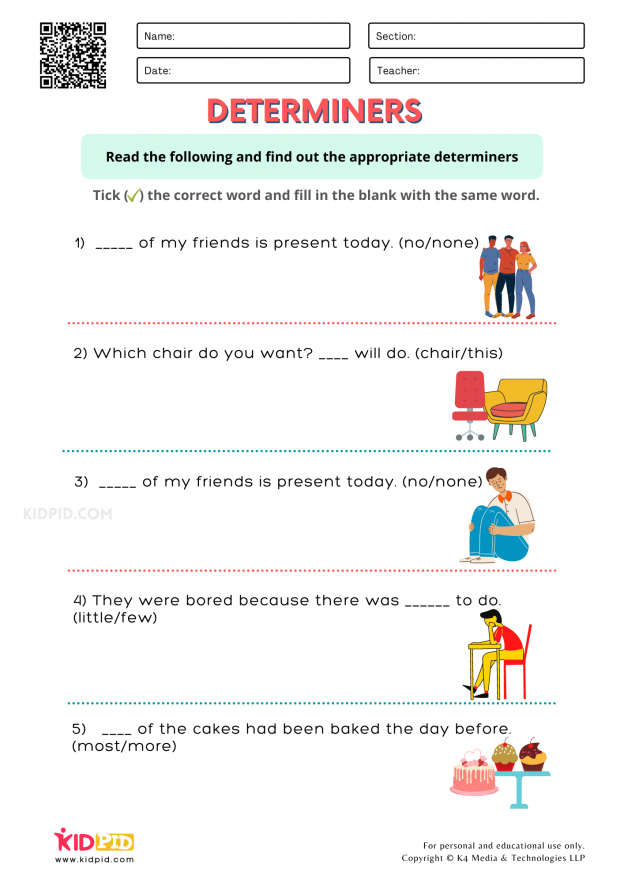 Determiners Printable Worksheets for Grade 1 - Kidpid