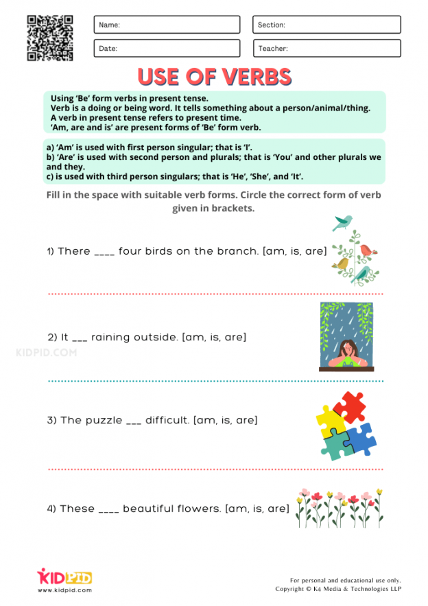 Use of Verbs Printable Worksheets for Grade 1 - Kidpid