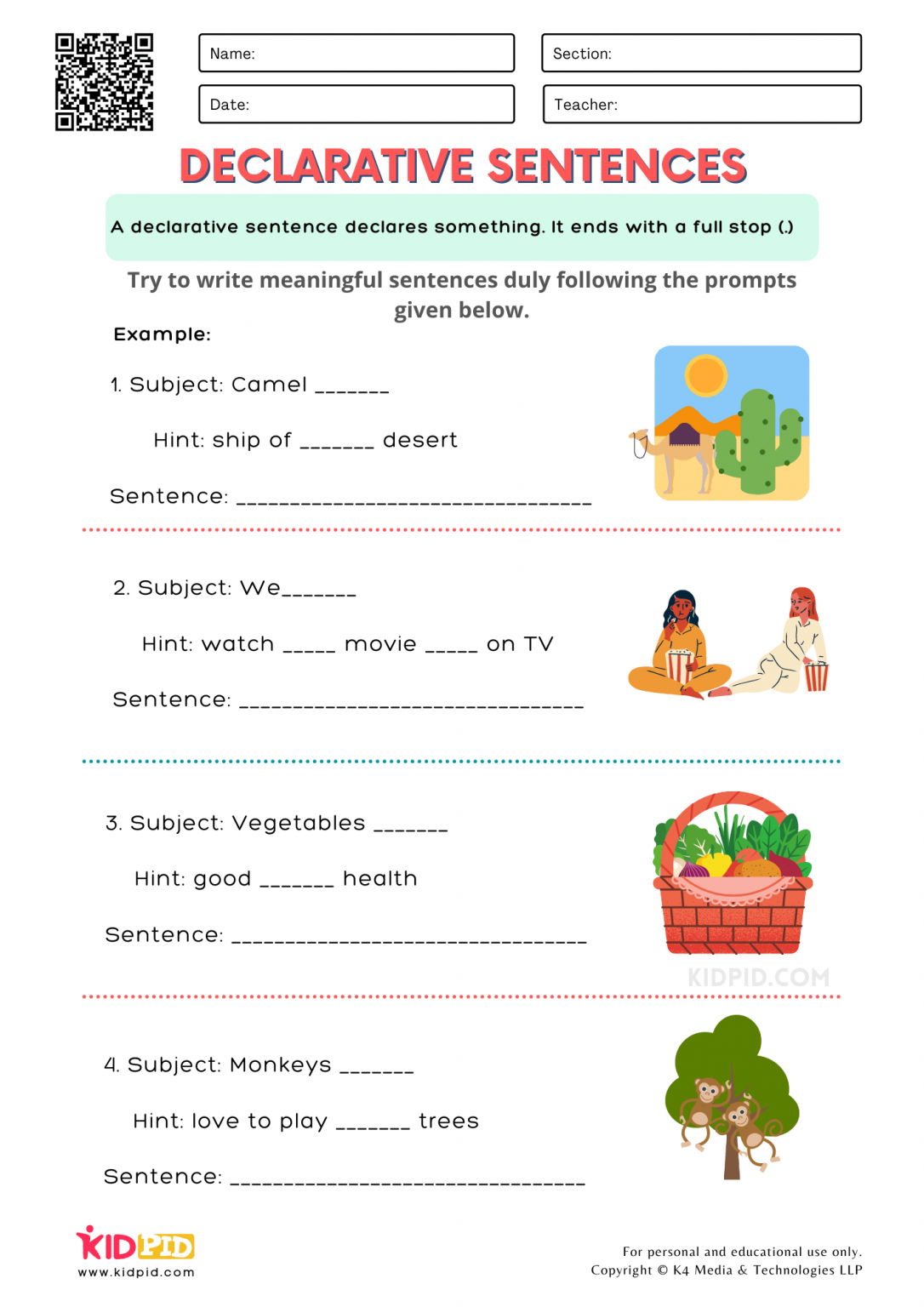 Declarative Sentence Free Printable Worksheets for Grade 1 - Kidpid