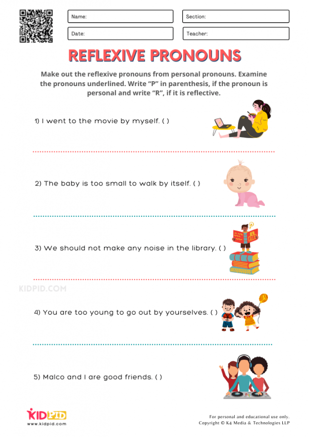 Reflexive Possessive Pronouns Worksheets for Grade 2 - Kidpid